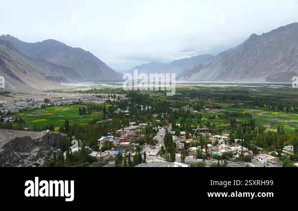 An aerial view of the Diskit village in Nubra Valley. Diskit is a ...