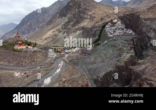 An aerial view of the Diskit Monastery and Maitreya Buddha of Diskit in ...