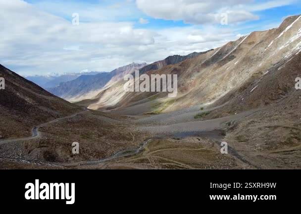 An aerial view of beautiful Himalayan mountains near Khardungla Pass, which passes through the ...