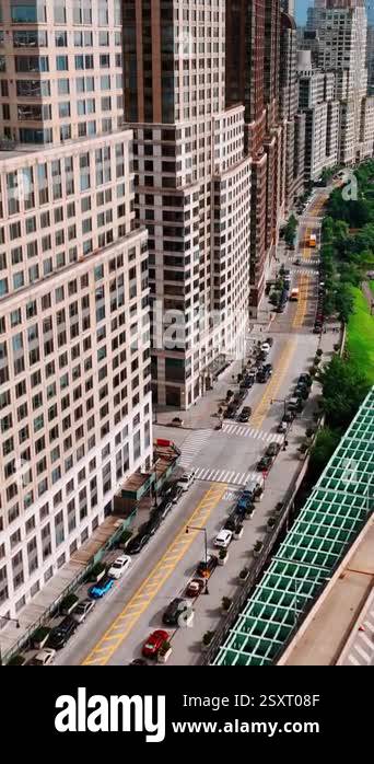 Freeway with heavy traffic at the waterfront of New York. Drone flight ...