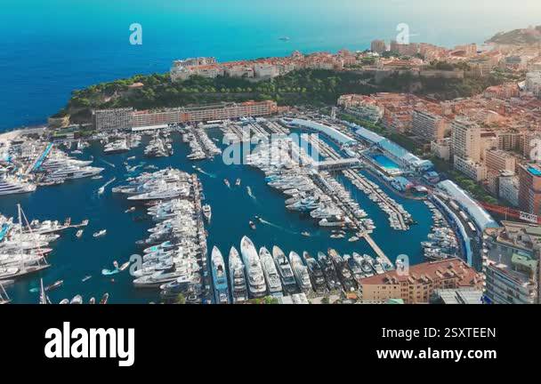 Aerial view of the city center of the Principality of Monaco. The scene ...