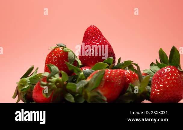 A bunch of red strawberries rotate on a pink background. The ...