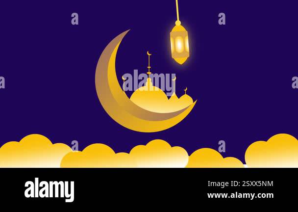 A glowing crescent moon resting on soft golden clouds with an ...