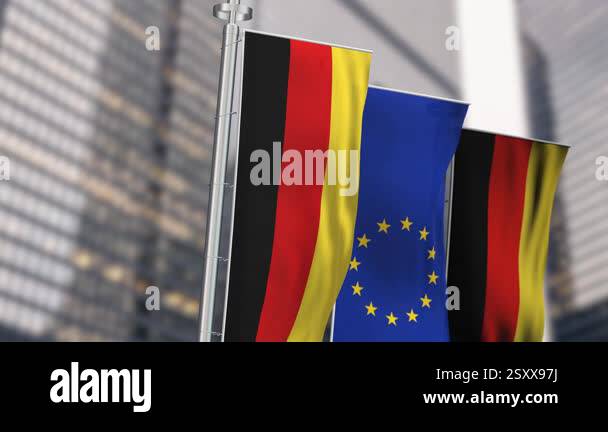 Vertical flags of Germany and the European Union waving in the wind ...