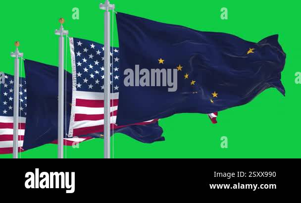 Alaska state flags waving with the national flags of the US isolated on ...