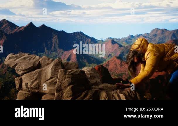 Foolish hiker tripping and losing balance on the rocky mountain peak ...