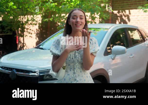 Happy successful Caucasian woman female girl client buyer driver car ...