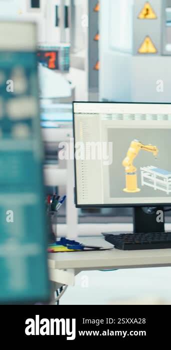 Vertical video PC on desk in empty photovoltaics factory monitoring ...