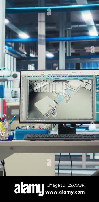 Vertical video PC monitor on desk in green energy solar panels plant ...
