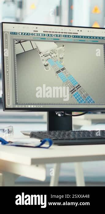 Vertical video Computer monitor in empty photovoltaics factory used to ...