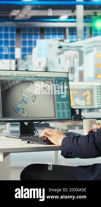 Vertical video Engineer in photovoltaics factory using PC screen to ...