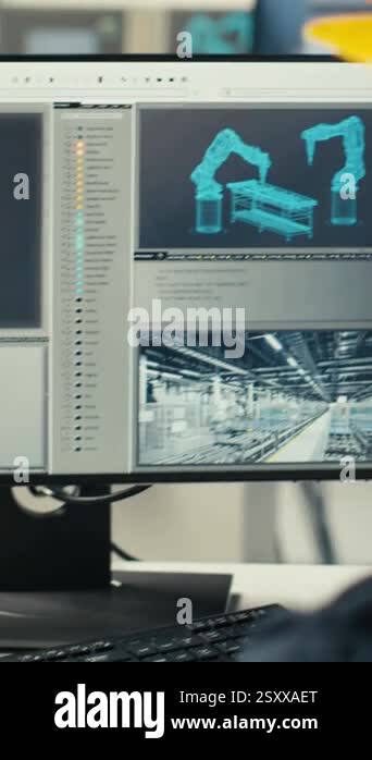 Vertical video Photovoltaics factory engineer wearing yellow hardhat analyzing data, reviewing ...