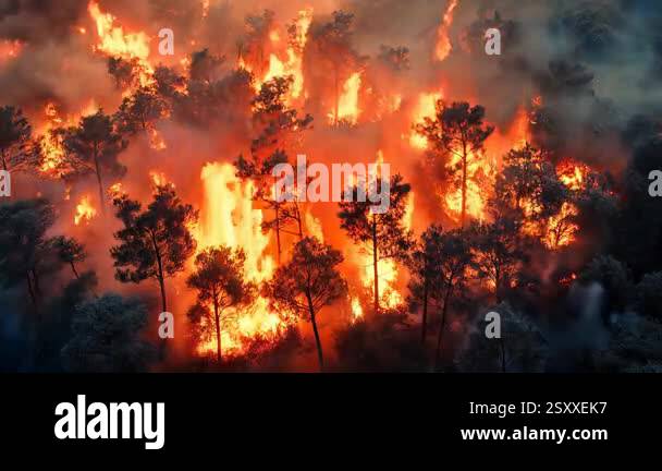 Wildfire rages through a dense forest, orange flames licking at the ...
