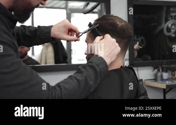 Professional barber cutting hair of a client with professional scissors ...