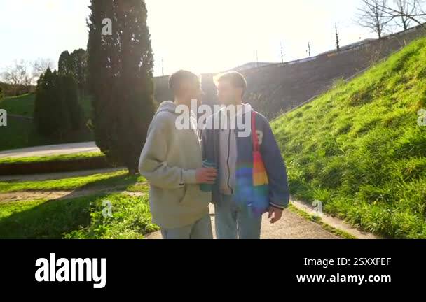 Young gay couple sharing tender moments in sunlit park, walking ...