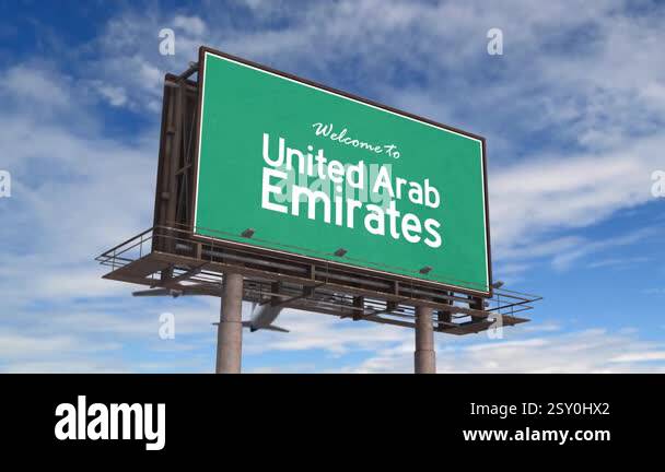 Welcome To United Arab Emirates Road Sign. Airplane Landing UAE Stock ...