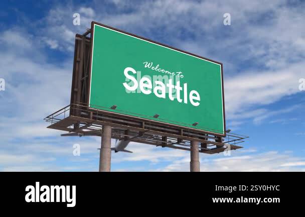 Welcome To Seattle Road Sign. Airplane Landing Washington Seattle USA ...