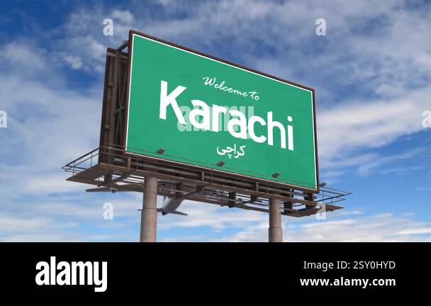 Welcome To Karachi Road Sign. Airplane Landing Karachi Pakistan Stock ...
