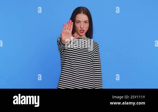 Stop, enough. Caucasian woman say no hold palm folded crossed hands in ...