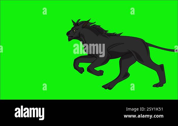 A stunning 2D animation of a black lion running across a bright green ...