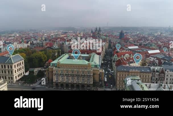 Location markers above the city. Outstanding places in the city ...