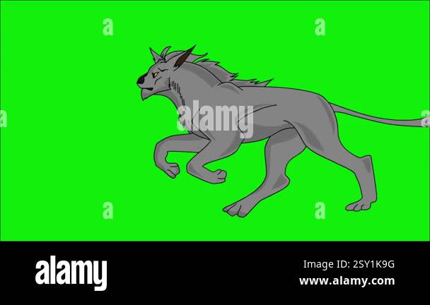 A stunning 2D animation of a grey lion running across a bright green ...