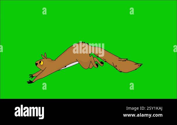 Stunning 2D animation of a cream squirrel running across a bright green screen background. The ...