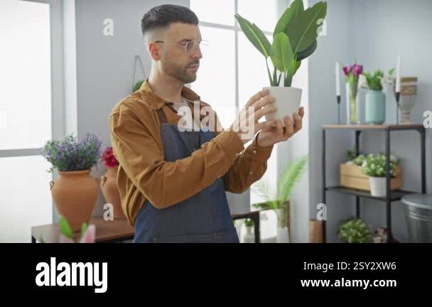 Young man attentively examines a potted plant in a well-lit flower shop ...