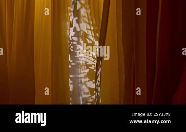 Windows with colorful tulle fabrics blown by the wind. Transparent silk curtains in brown neon ...