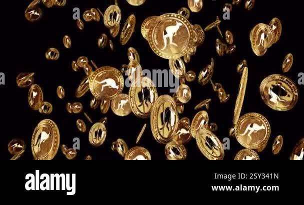 Kangaroo Australia bullion isolated gold coin rain background. Rotating golden metal coins ...