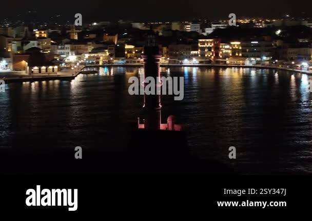 Chania town by night, Lighthouse, Drone shot, Crete, Greece, Aerial ...
