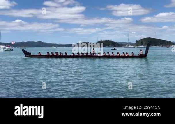 WAITANGI, NZL - FEB 06 2025:Maori male warriors rows a war canoe on on ...