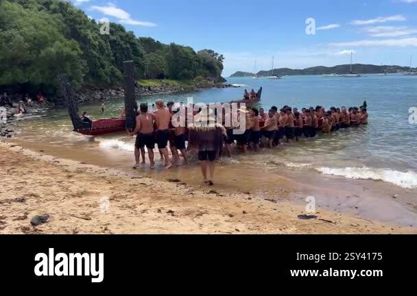 WAITANGI, NZL - FEB 06 2025:Maori female warriors carry a war canoe on ...