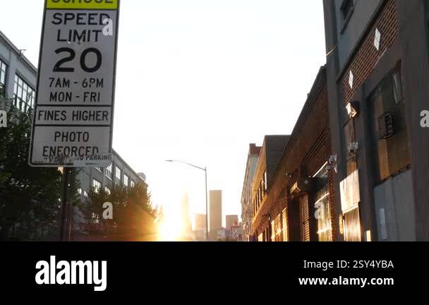 New York City street crossroad, speed limit traffic sign, transport ...