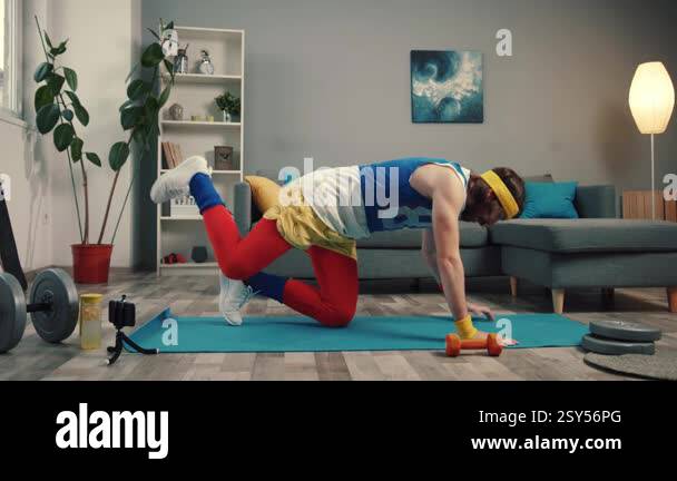 A lively and vibrant home workout scene that emphasizes exercise ...