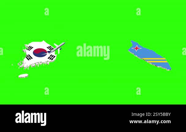 Animation Of Flight From South Korea To Aruba On Green Screen Stock ...