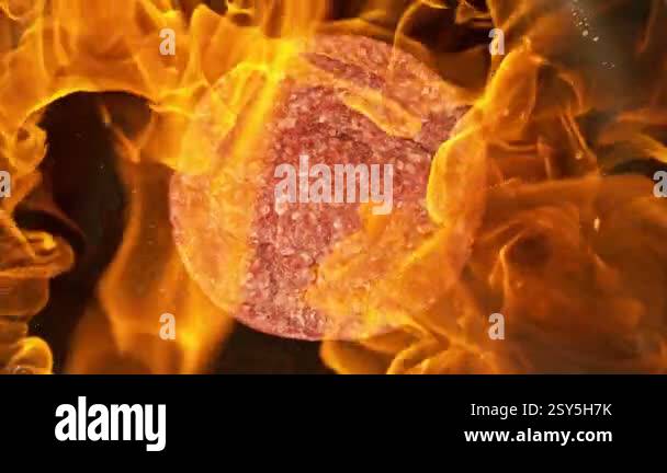 Super Slow Motion of Flying Raw Beef Hamburger Minced Meat on Pan with ...