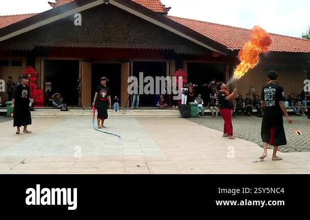 Asian Indonesian male dancers spit fire during a bull dance performance ...