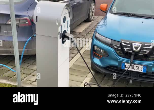 Cremona, Italy February 9th 2025 Electric vehicles Tesla Model 3 and ...