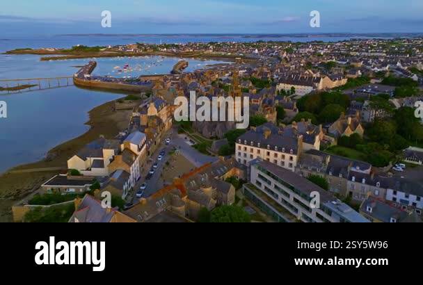 Aerial view of Roscoff cityscape, with Roscoff jetty in the background ...