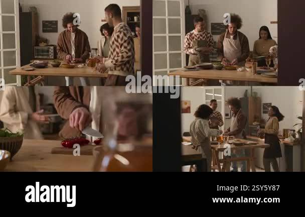 Split screen of four people collaboratively cooking in modern, cozy ...