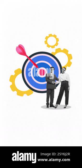 Partners shaking hands with large target and yellow gears in background ...