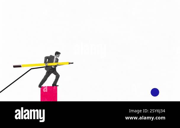Stop motion, animation. Businessman with oversized yellow pencil ...