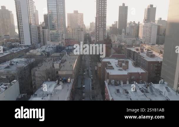 Aerial view of Upper East Side Manhattan. Shot on a winter morning in ...