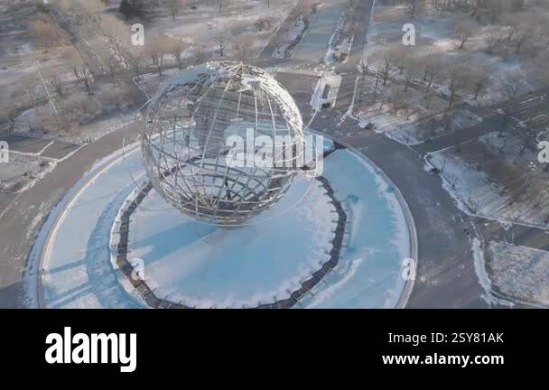 Aerial view of The Unisphere in Flushing Meadows Corona Park. Shot on a ...