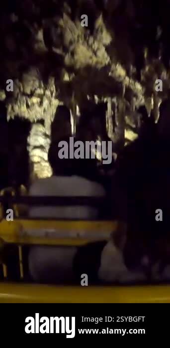 Tourists riding a train inside postojna cave, illuminated by electric ...