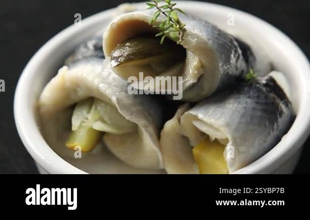 Rollmops herring roll with onion and pickles appetizer fresh tasty food ...