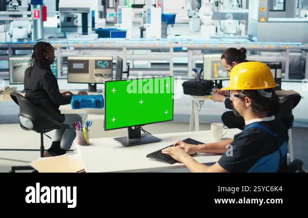 Photovoltaics factory engineer using green screen PC to adjust system ...