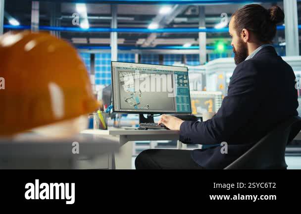 Man in photovoltaics factory monitoring system performance on PC screen ...