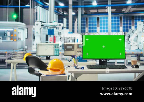Isolated screen PC in empty solar panels manufacturing plant used to ...
